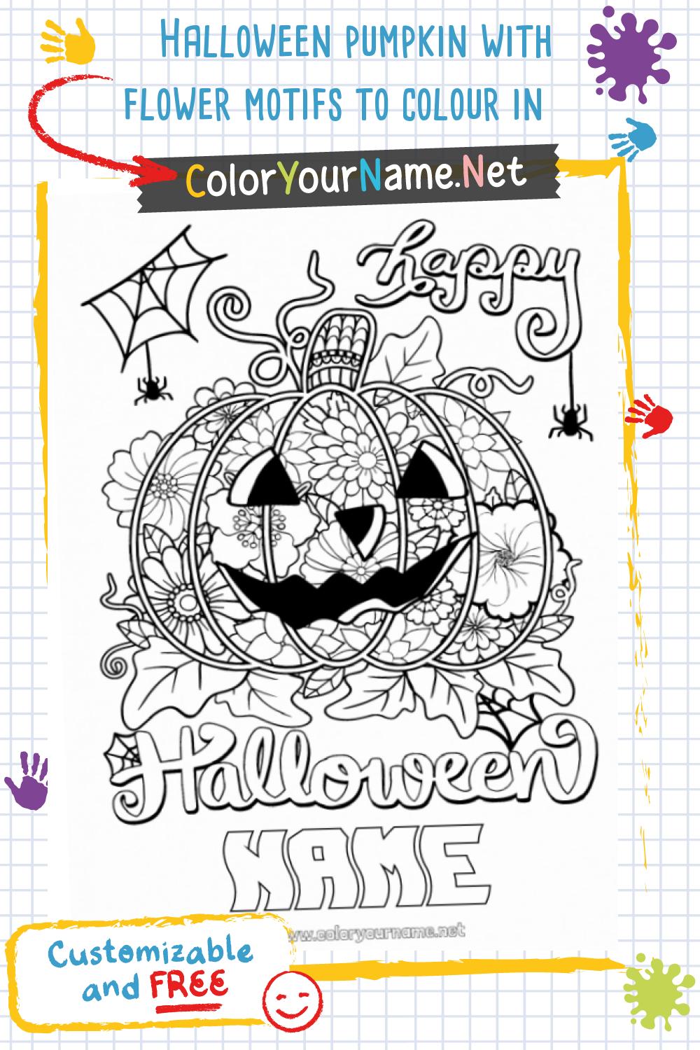 Halloween pumpkin with flower motifs to colour in