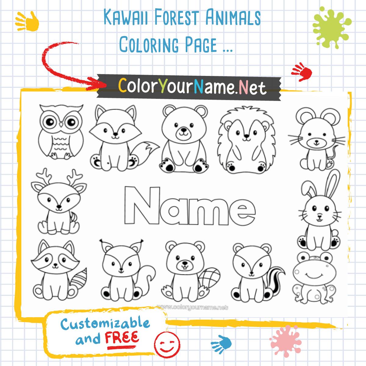 Kawaii Forest Animals Coloring Page – Customizable and Free