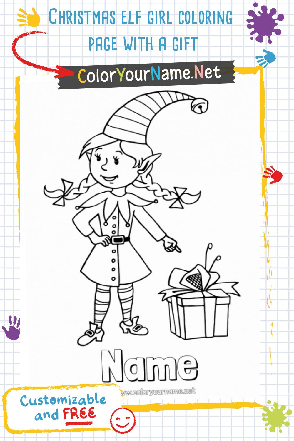 Christmas elf girl coloring page with a gift