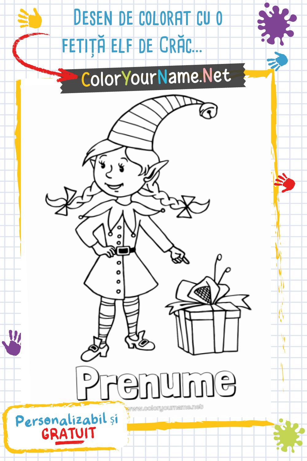 Desen de colorat cu o fetiță elf de Crăciun care ține un cadou.