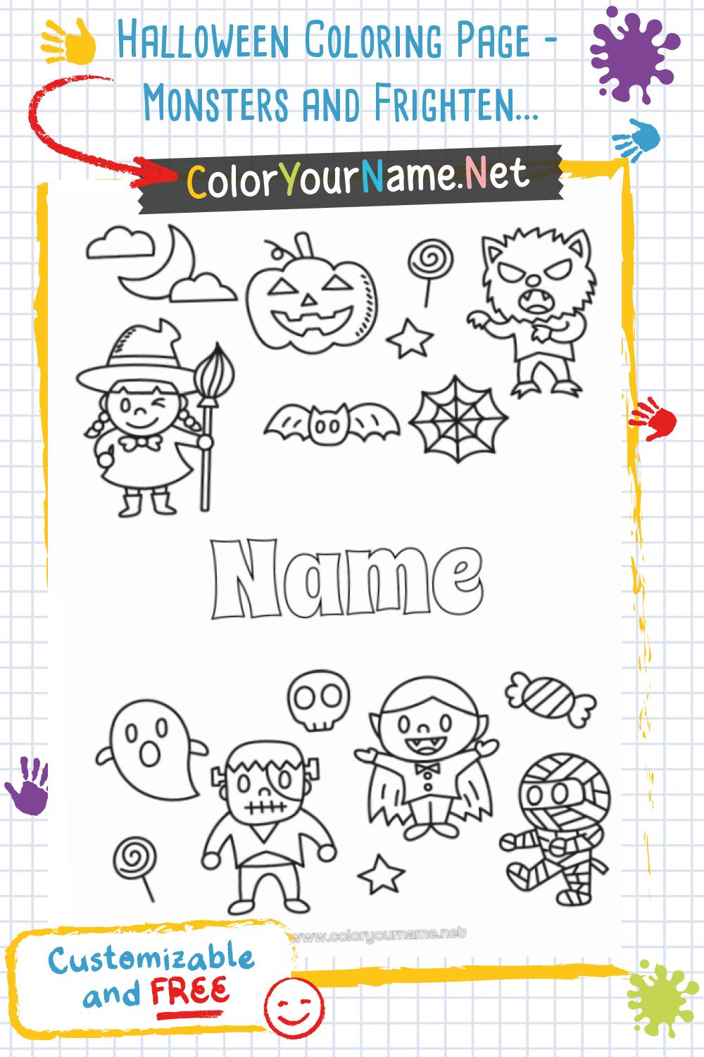 Halloween Coloring Page – Monsters and Frightening Creatures – Customizable