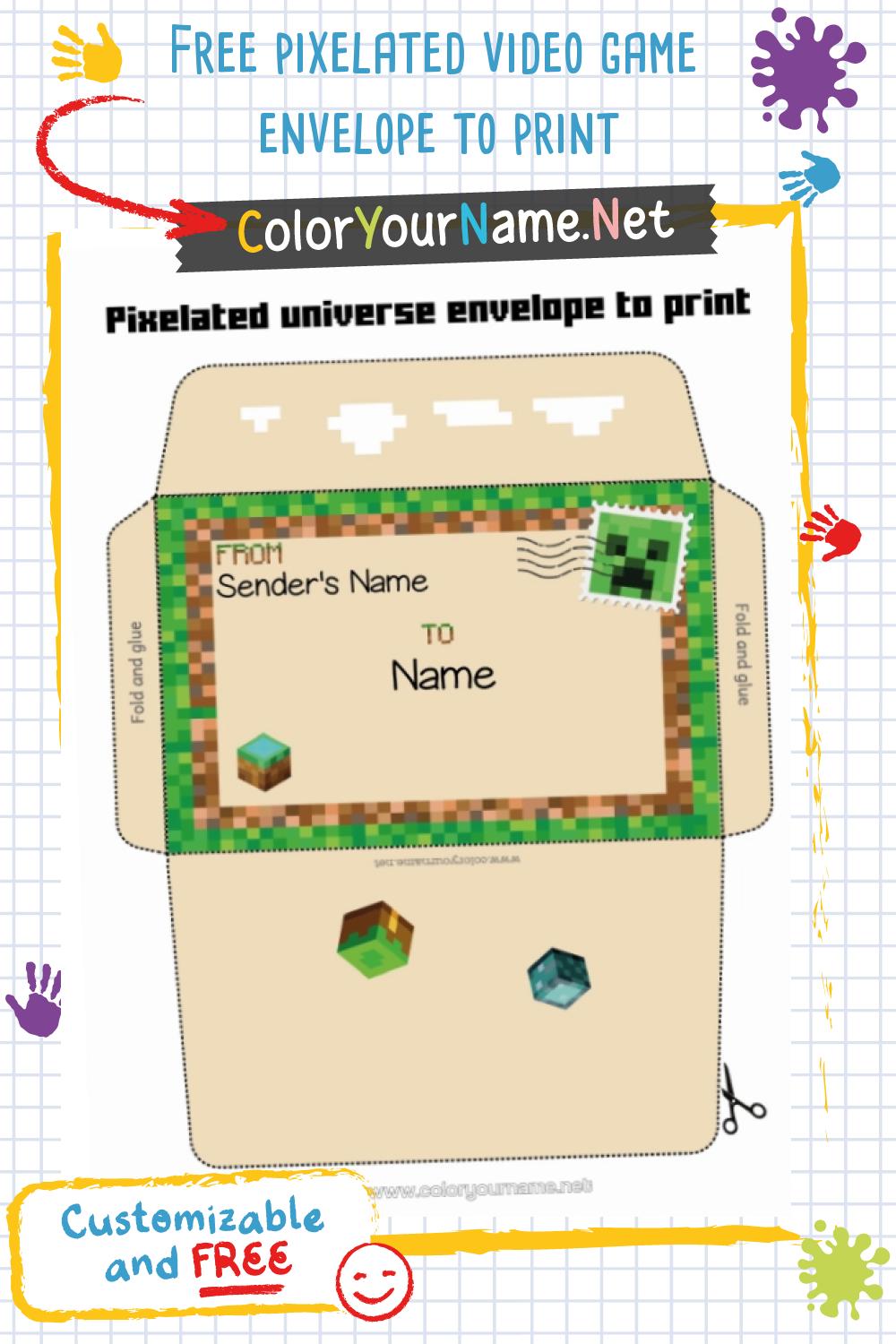 Free pixelated video game envelope to print