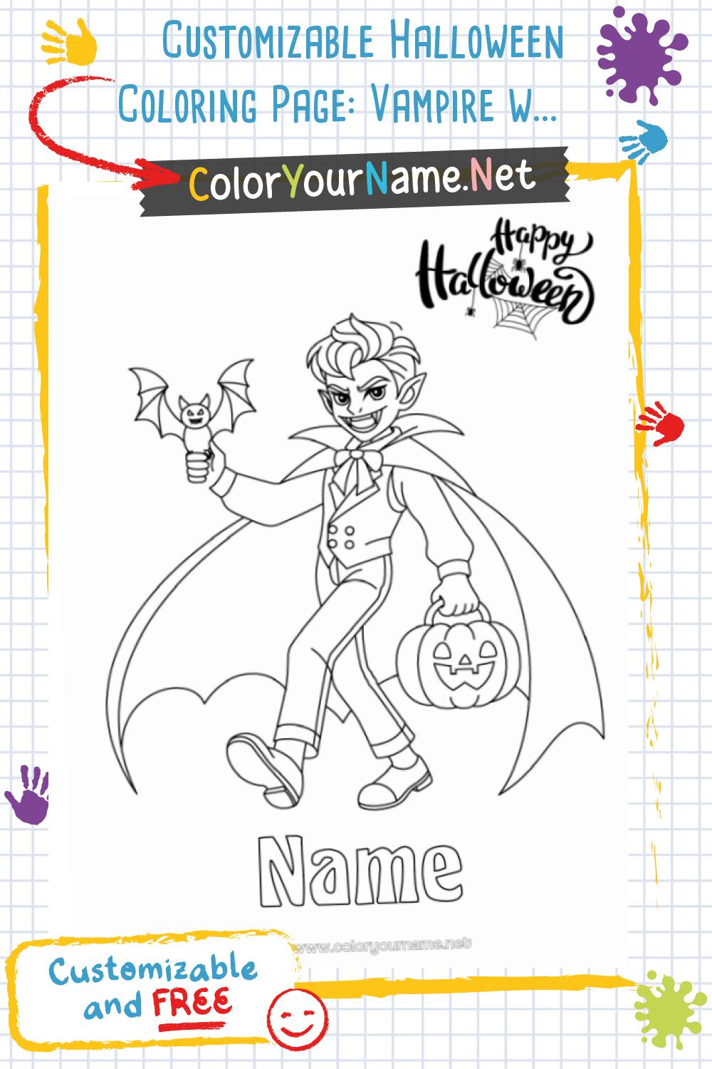 Customizable Halloween Coloring Page: Vampire with Pumpkin and Bat to ...