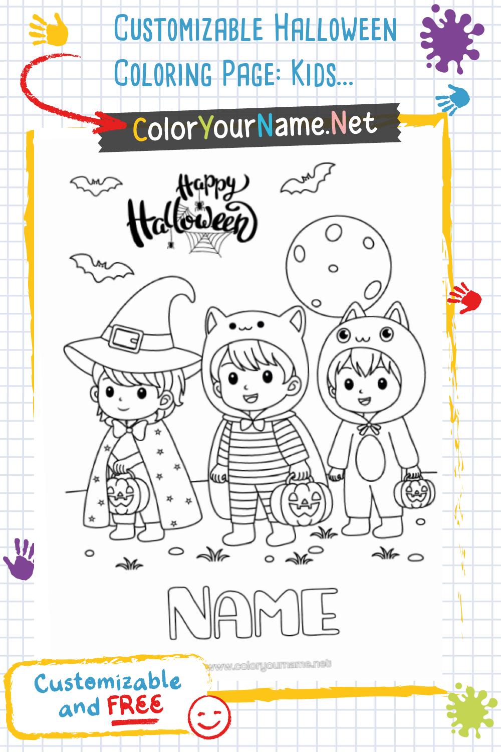 Customizable Halloween Coloring Page: Kids in Costumes with Pumpkins