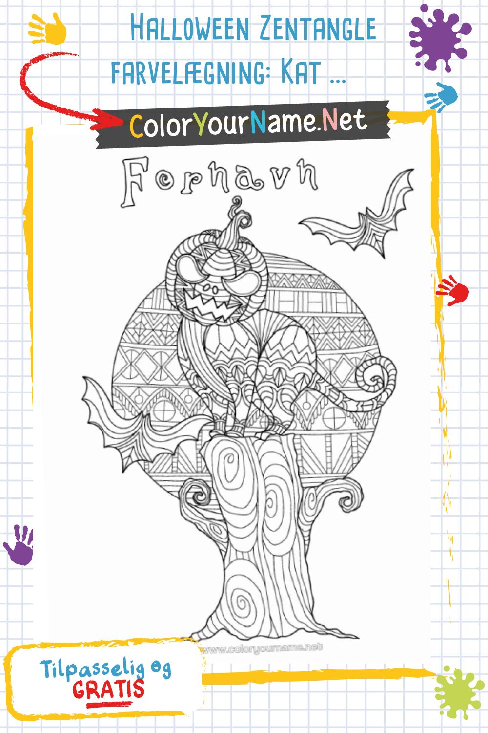Halloween Zentangle farvelægning: Kat med tilpasseligt Jack-o'-Lantern ...