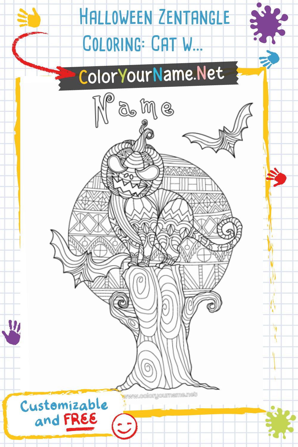 Halloween Zentangle Coloring: Cat with Jack-o'-Lantern Head - Customizable