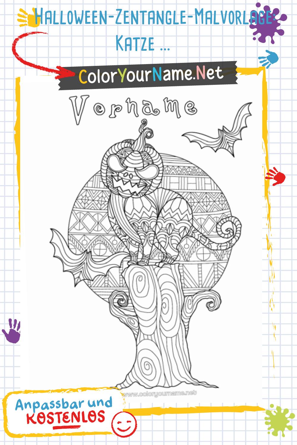 Halloween-Zentangle-Malvorlage: Katze mit Jack-o'-Lantern-Kopf ...