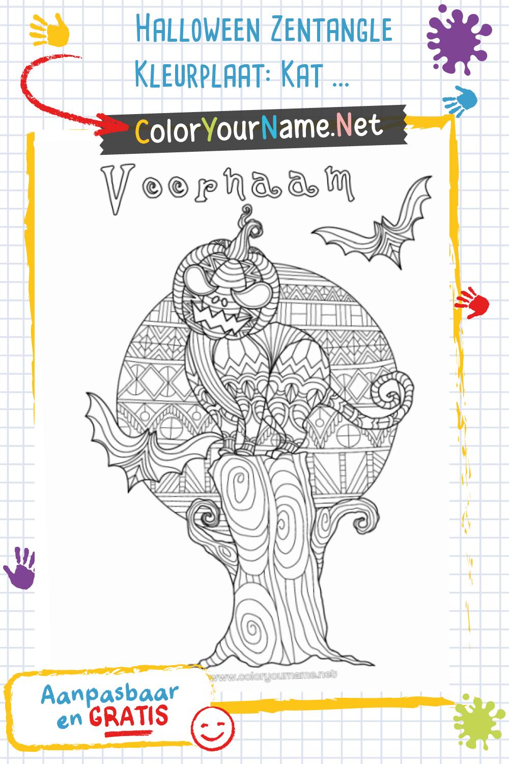 Halloween Zentangle Kleurplaat: Kat met Jack-o'-Lantern Hoofd - Aanpasbaar