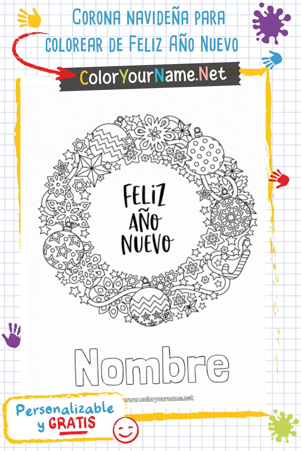 Corona navideña para colorear de Feliz Año Nuevo