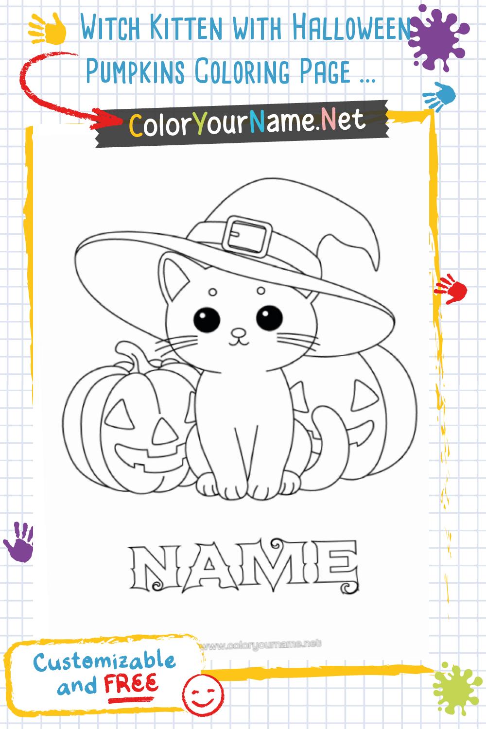 Witch Kitten with Halloween Pumpkins Coloring Page – Customizable