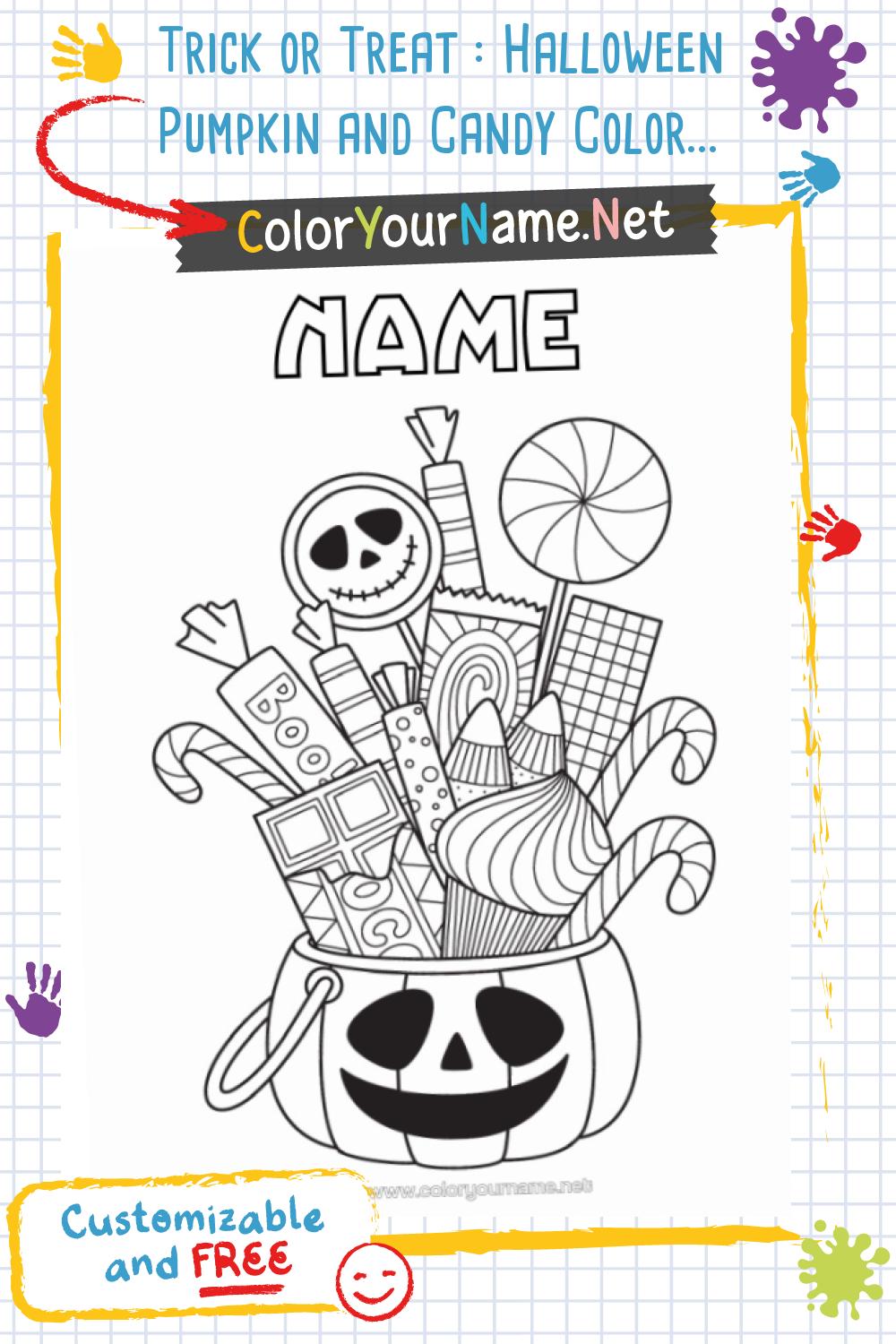 Trick or Treat : Halloween Pumpkin and Candy Coloring Page to Personalize