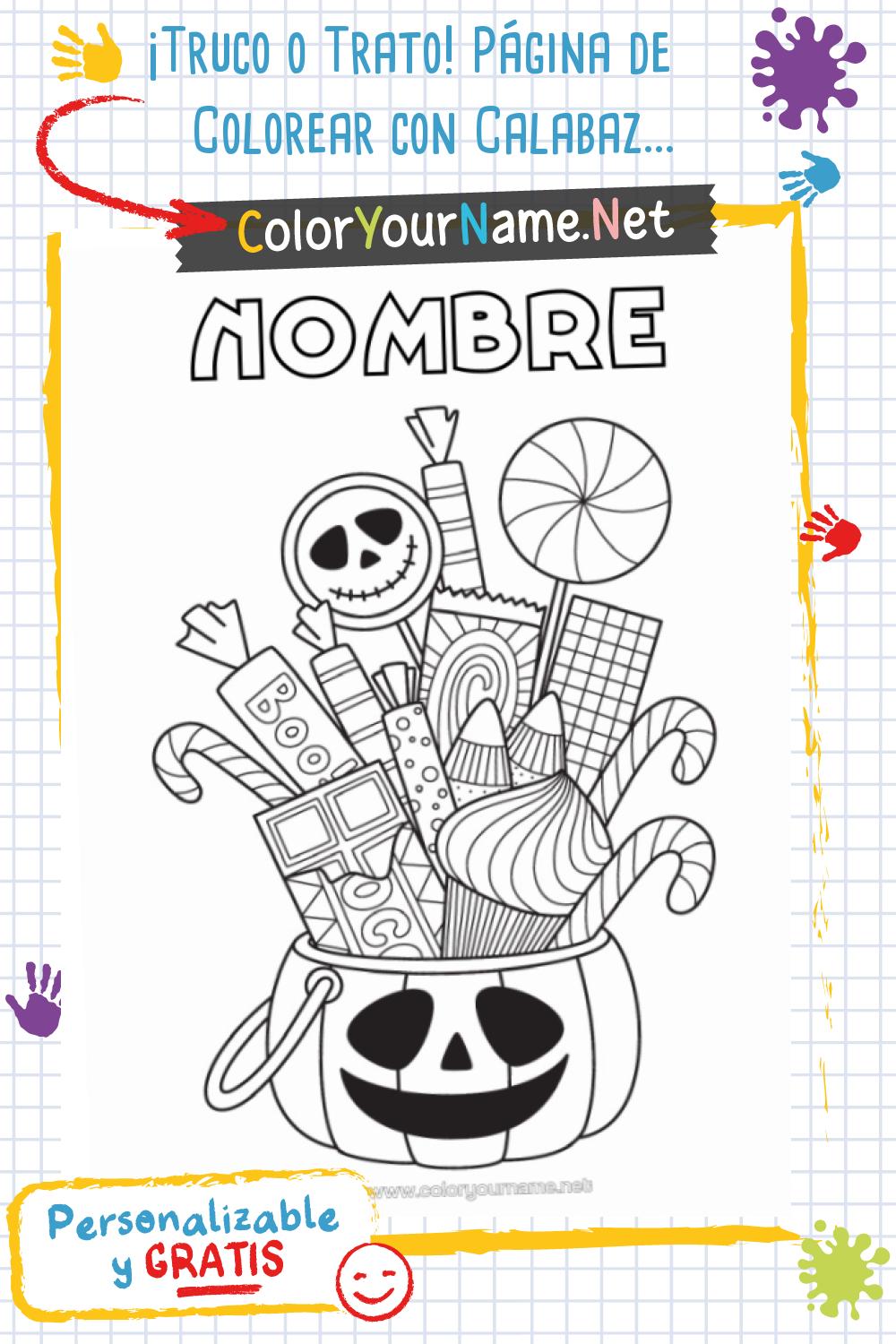 ¡Truco o Trato! Página de Colorear con Calabaza y Dulces de Halloween ...