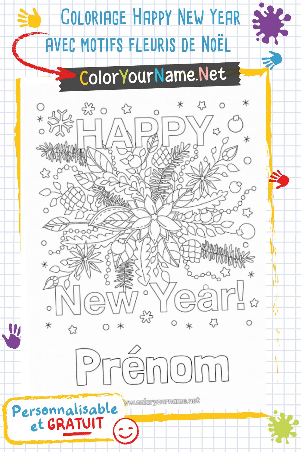 Coloriage Happy New Year avec motifs fleuris de Noël