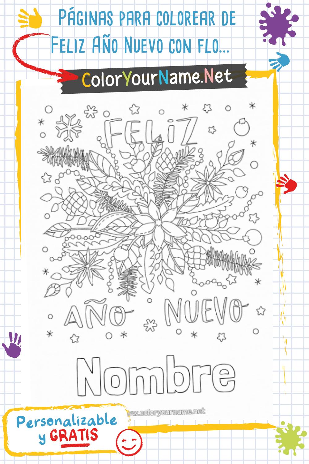 Páginas para colorear de Feliz Año Nuevo con flores de Navidad