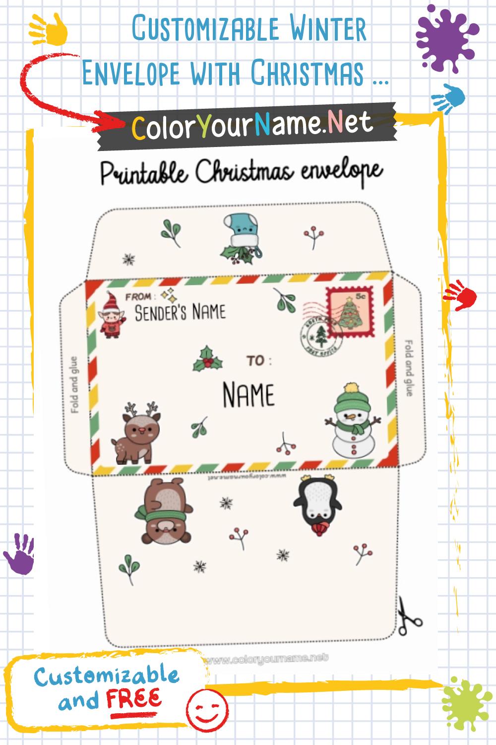 Customizable Winter Envelope with Christmas Elf and Forest Animals