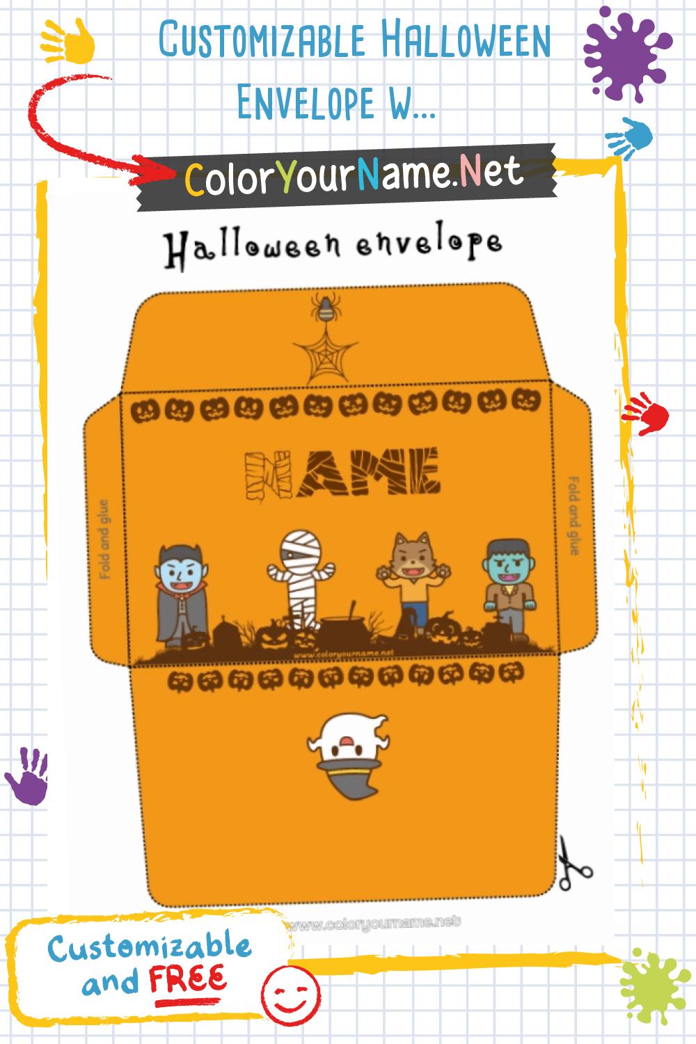 Customizable Halloween Envelope with Frankenstein, Werewolf, Mummy, and ...