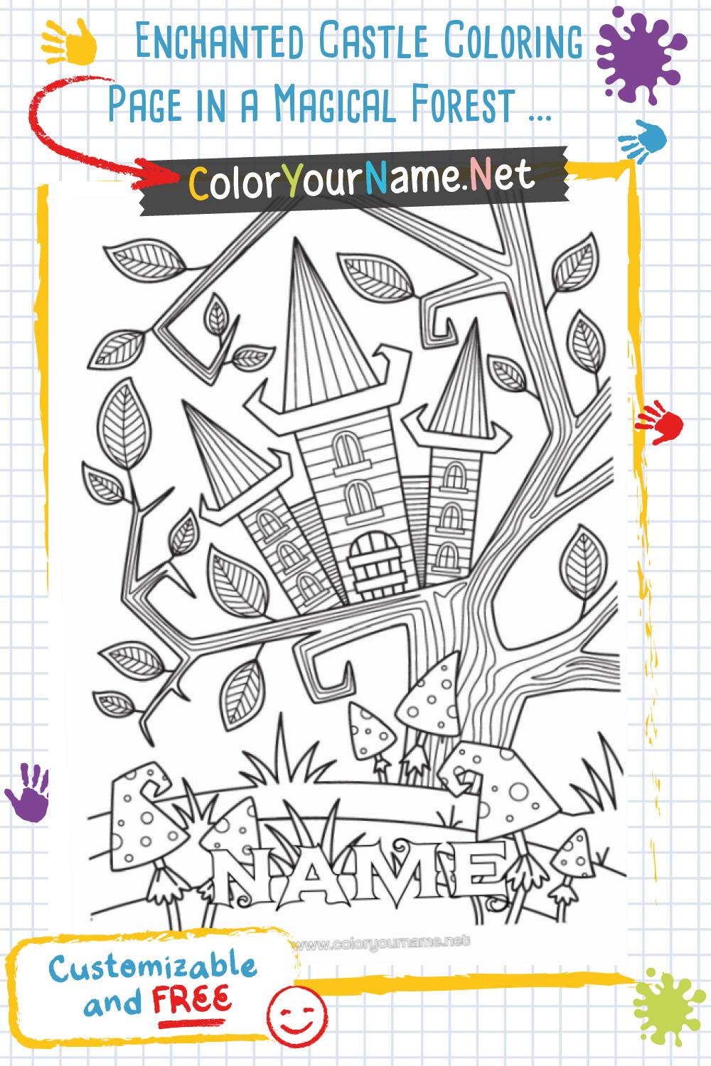 Enchanted Castle Coloring Page in a Magical Forest – Customizable