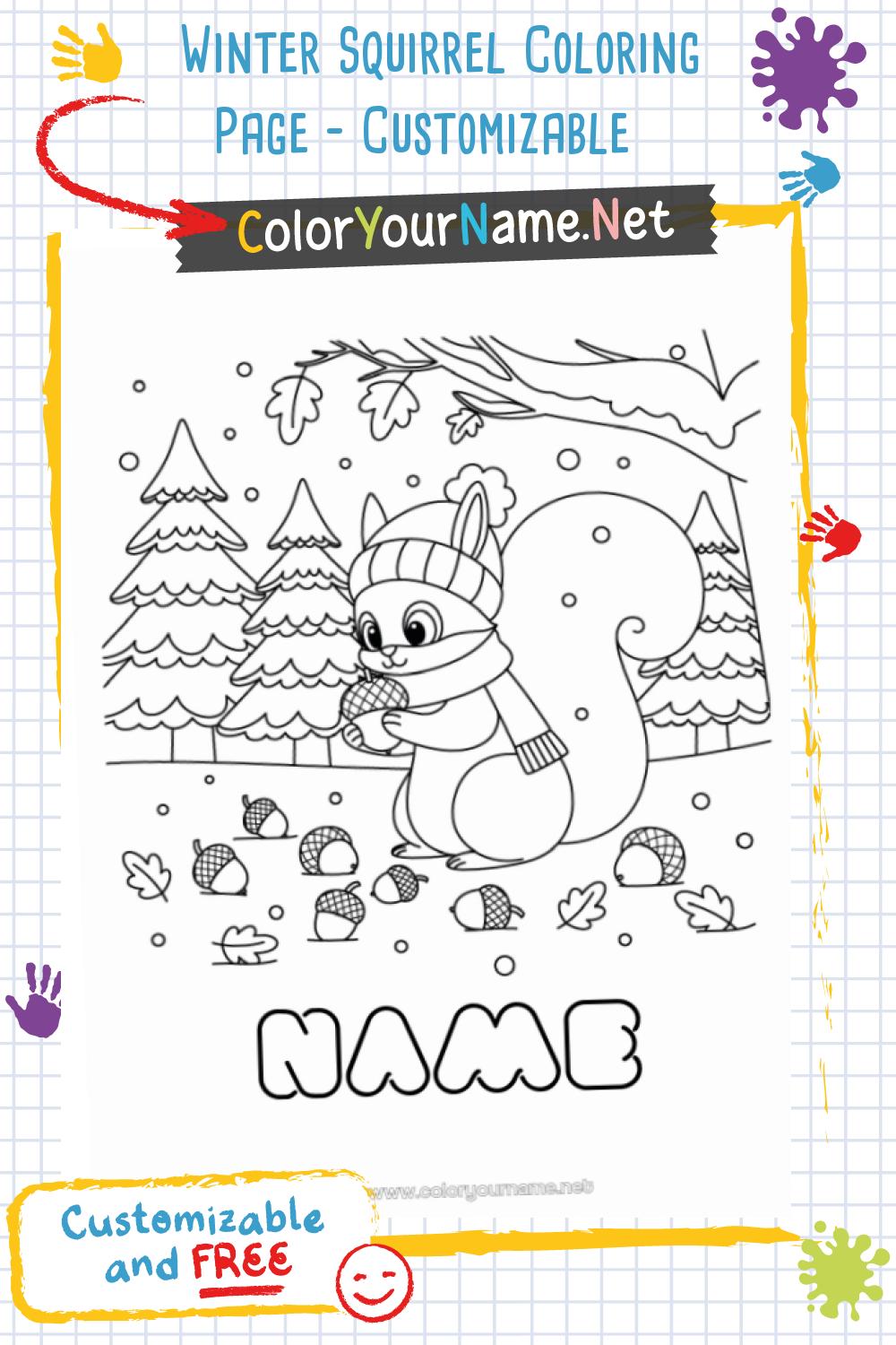 Winter Squirrel Coloring Page – Customizable
