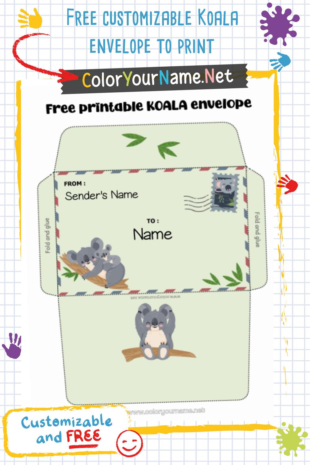 Free customizable Koala envelope to print