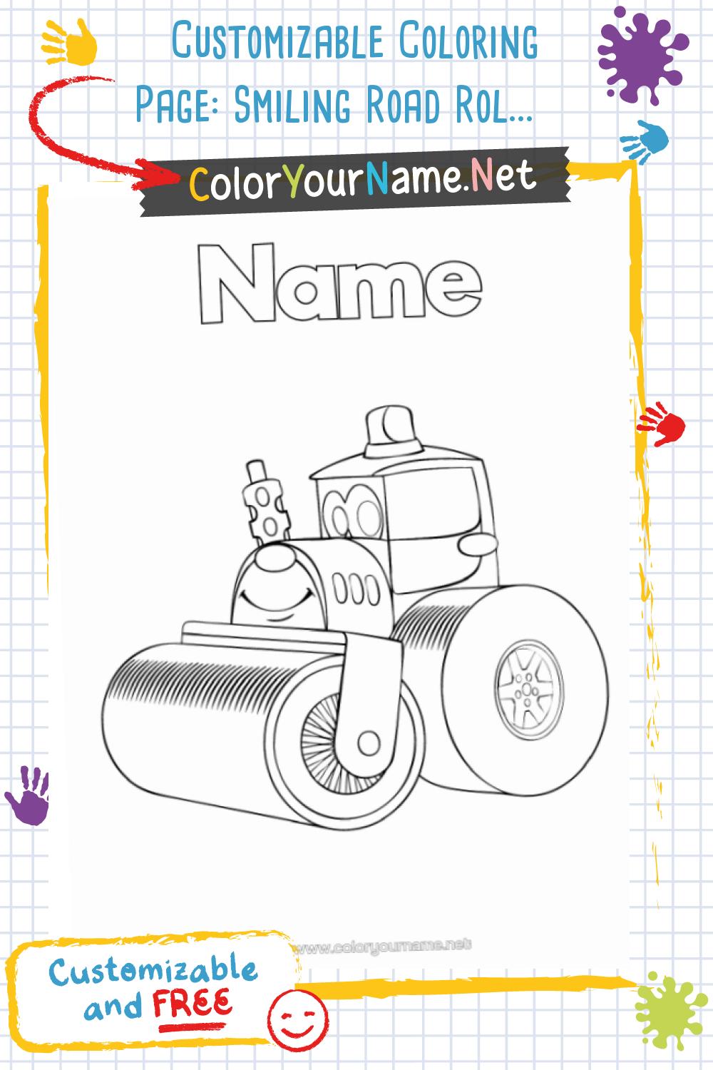Customizable Coloring Page: Smiling Road Roller Mass Compactor