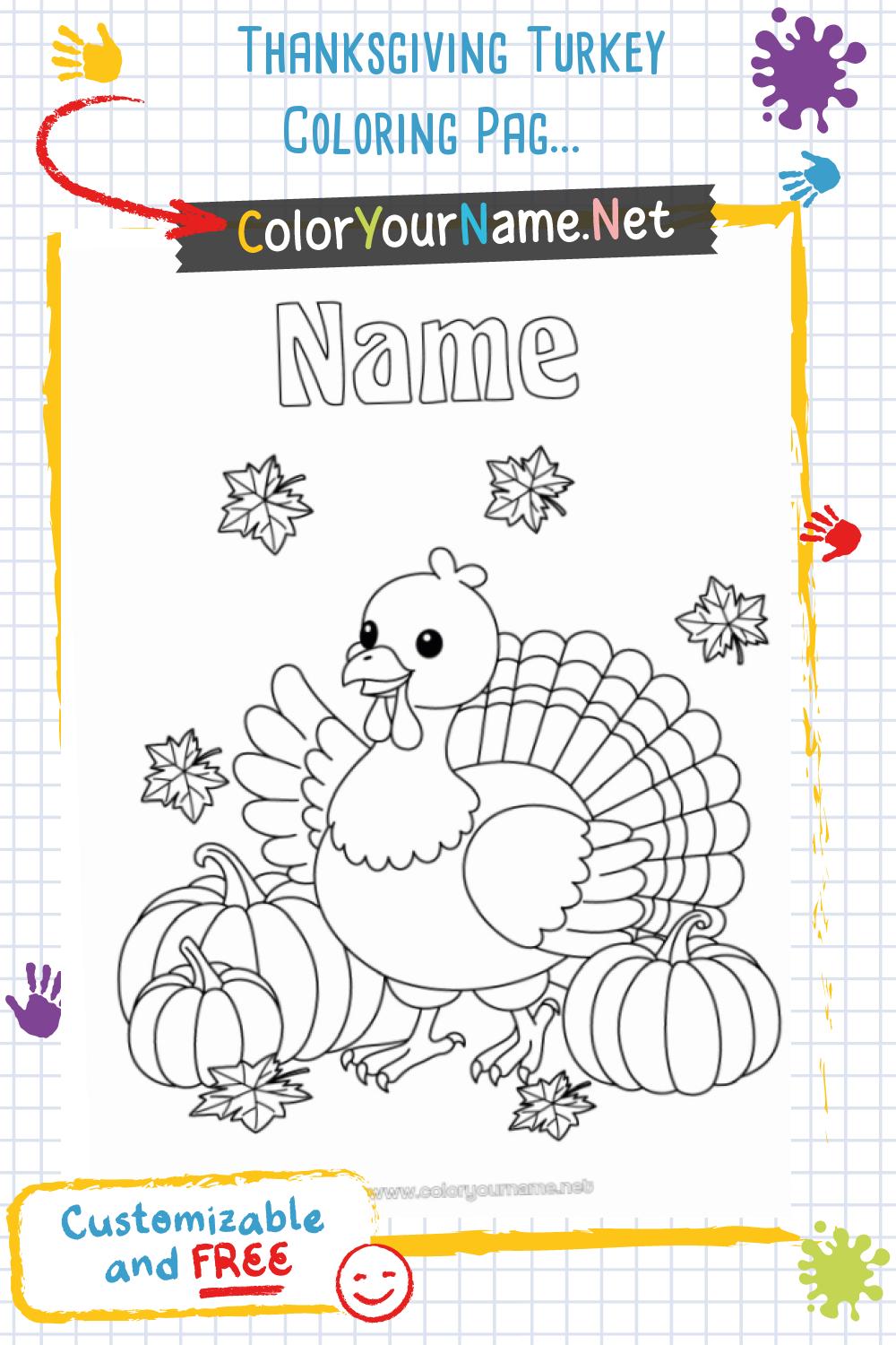 Thanksgiving Turkey Coloring Page - Customizable with a Name
