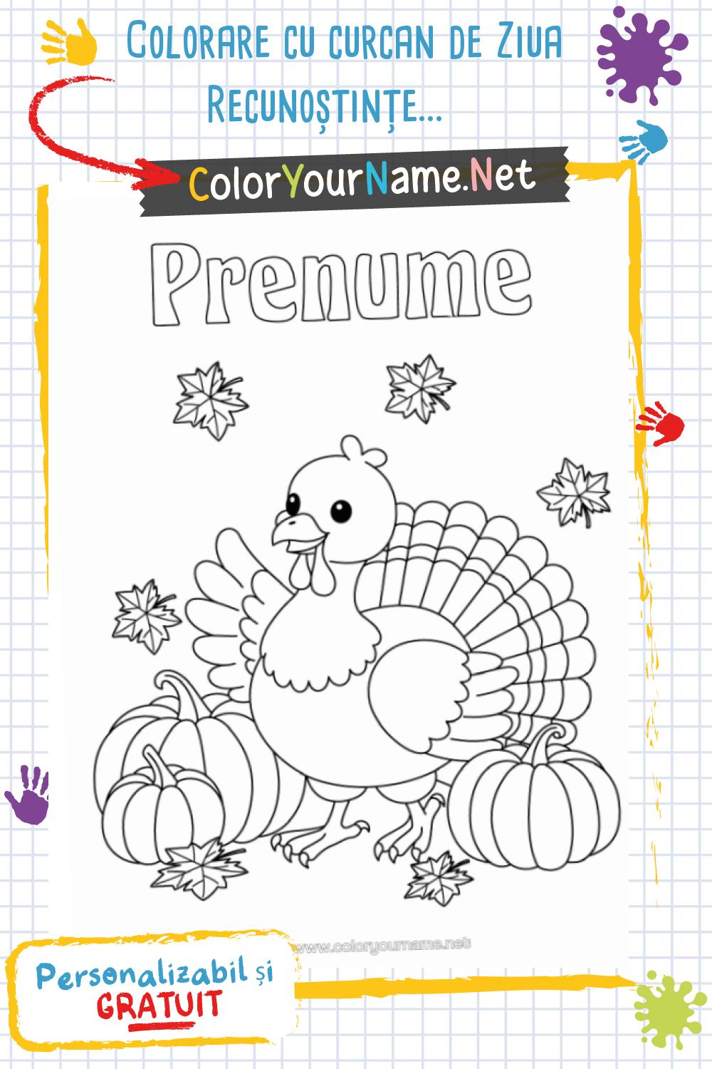 Colorare cu curcan de Ziua Recunoștinței - Personalizabil cu un Prenume