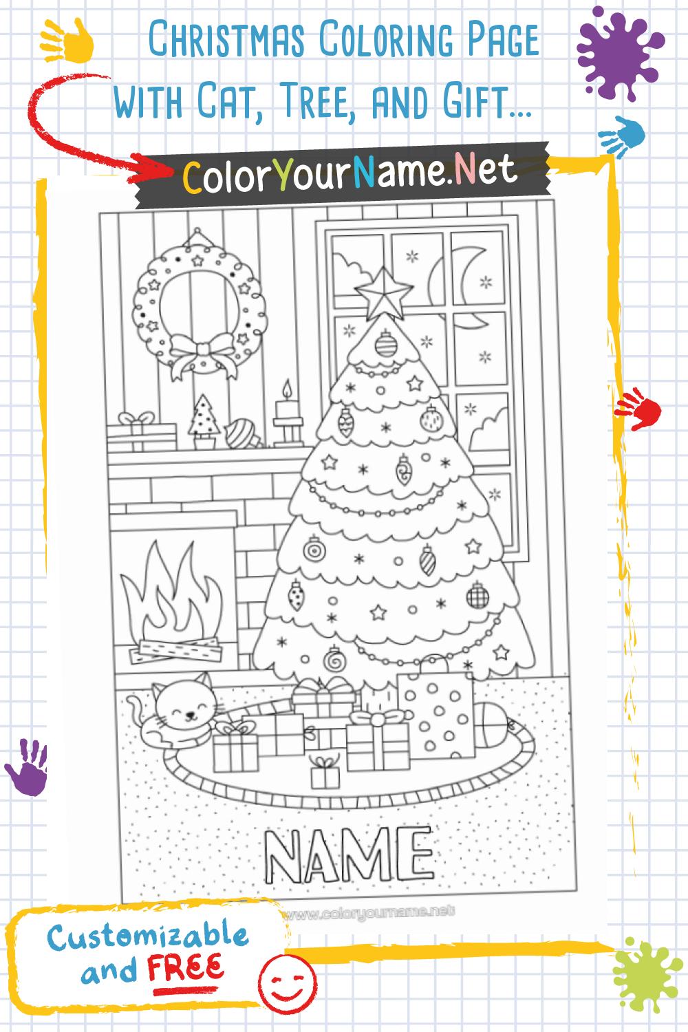 Christmas Coloring Page with Cat, Tree, and Gifts - Customizable for Free