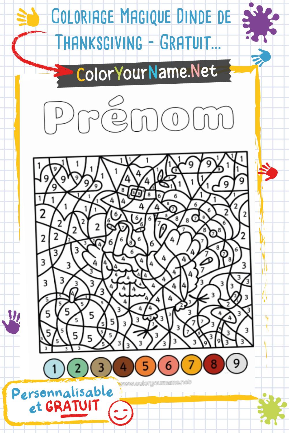 Coloriage Magique Dinde de Thanksgiving - Gratuit et Personnalisable