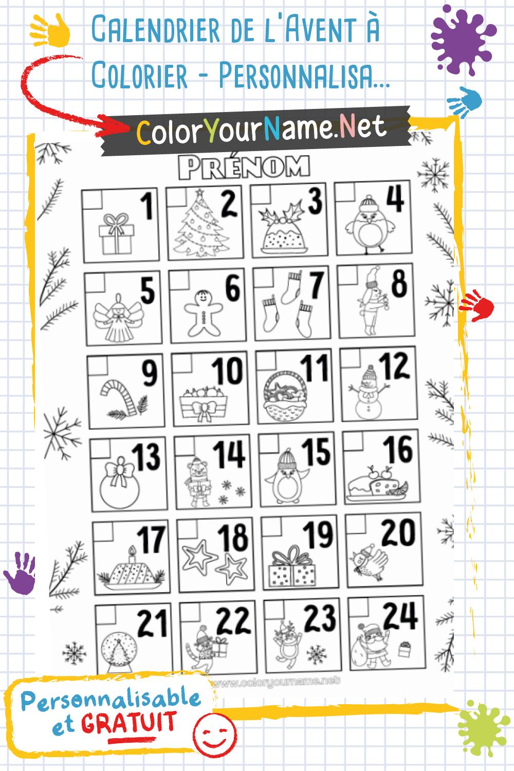 Calendrier de l’Avent à Colorier - Personnalisable et Gratuit