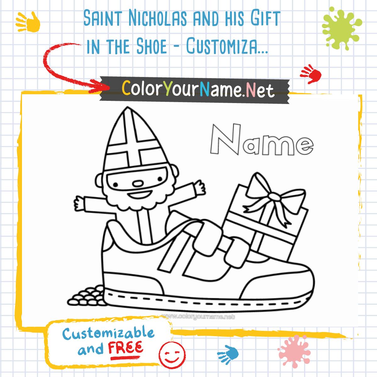 Saint Nicholas and his Gift in the Shoe - Customizable Coloring Page