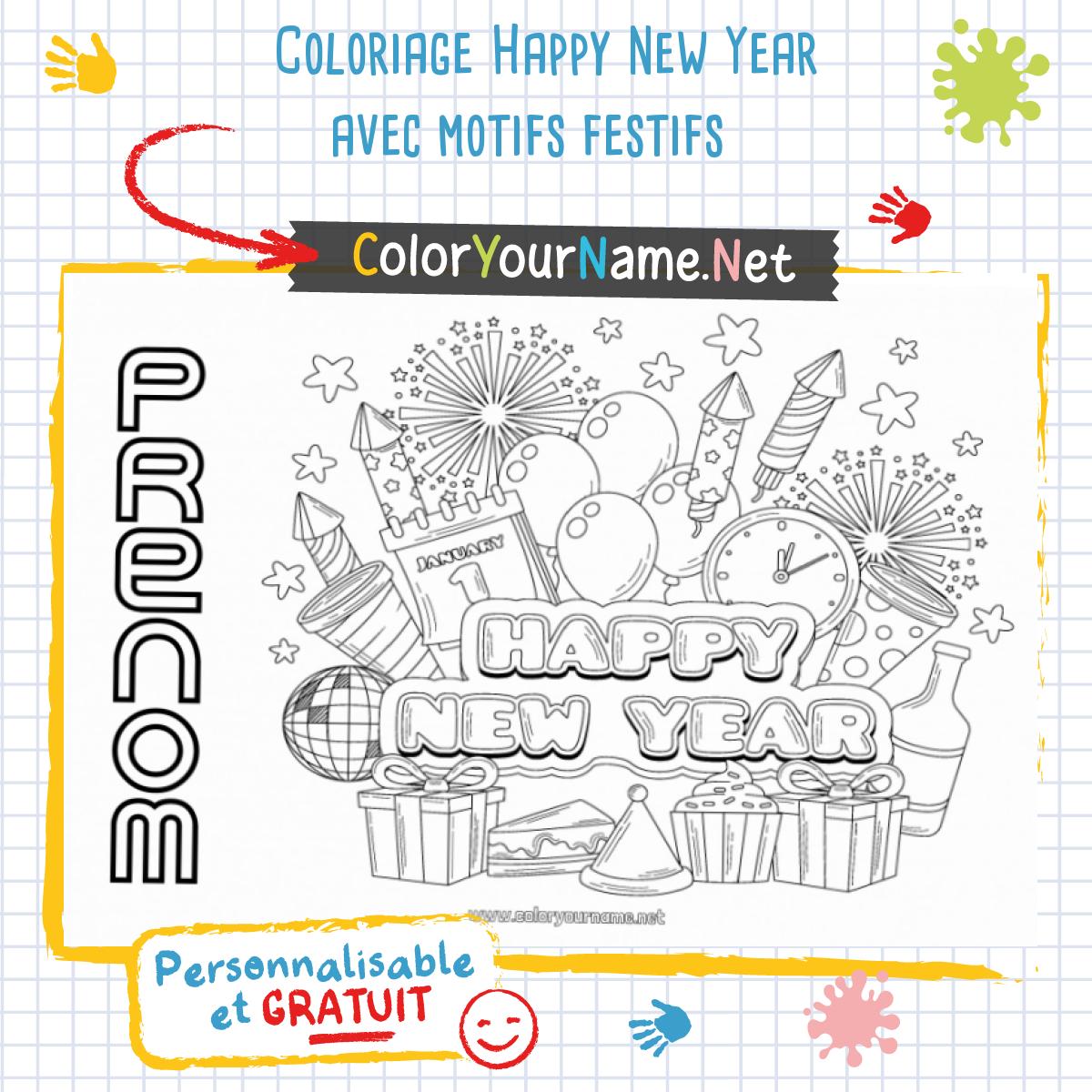 Coloriage Happy New Year avec motifs festifs