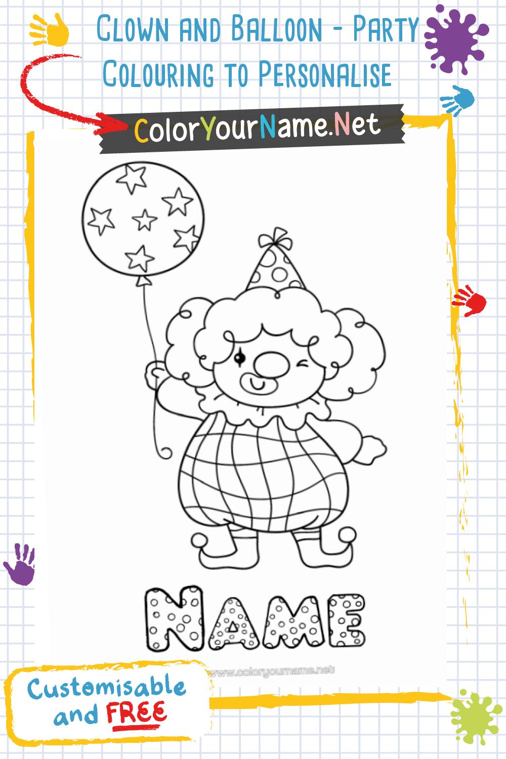 Clown and Balloon - Party Colouring to Personalise