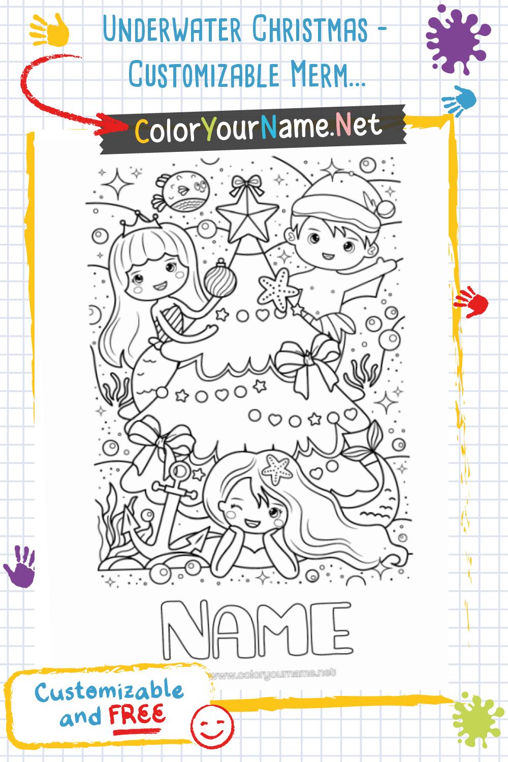 Underwater Christmas – Customizable Mermaid Coloring Page