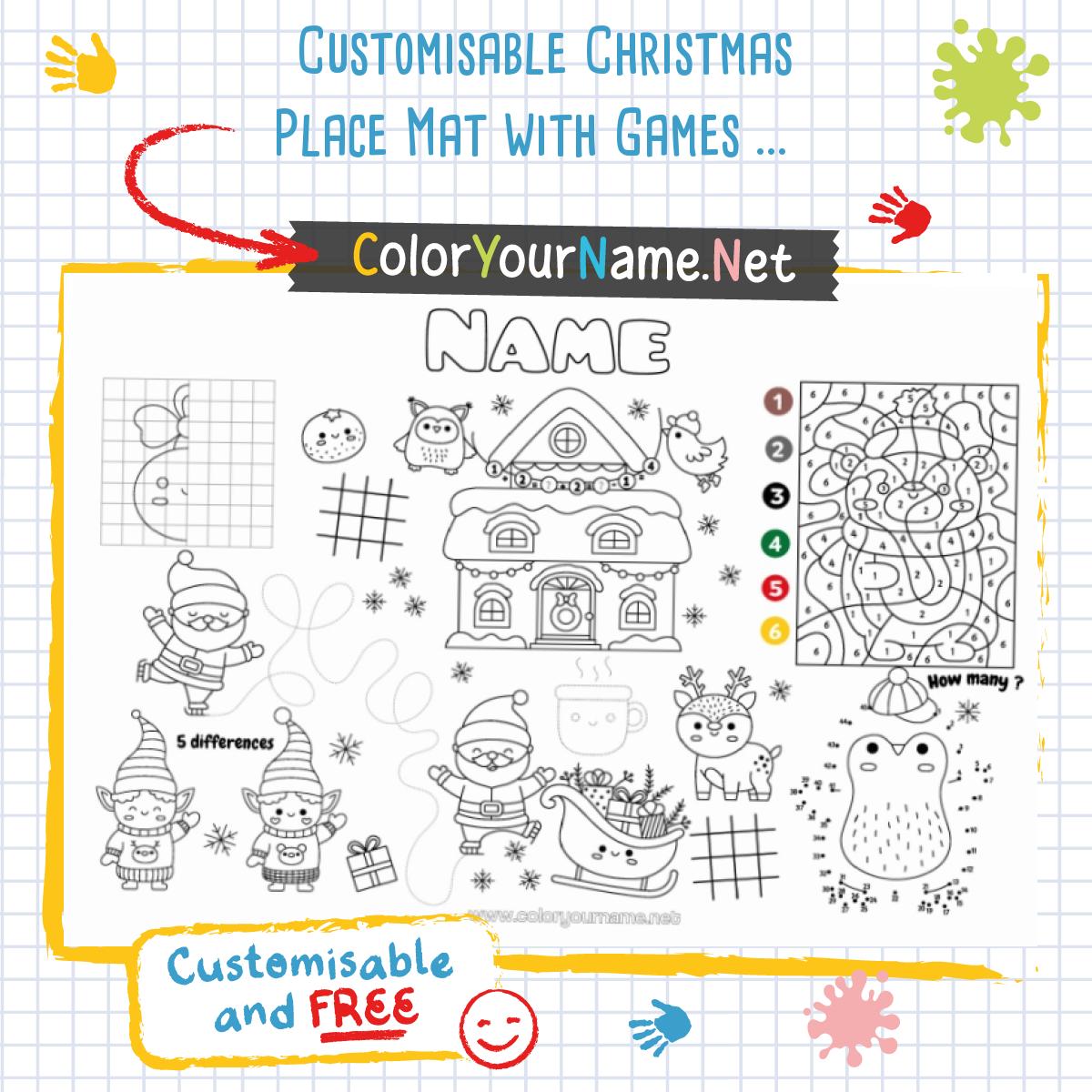 Customisable Christmas Place Mat with Games and Colouring