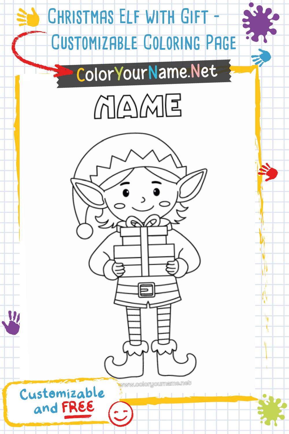 Christmas Elf with Gift – Customizable Coloring Page