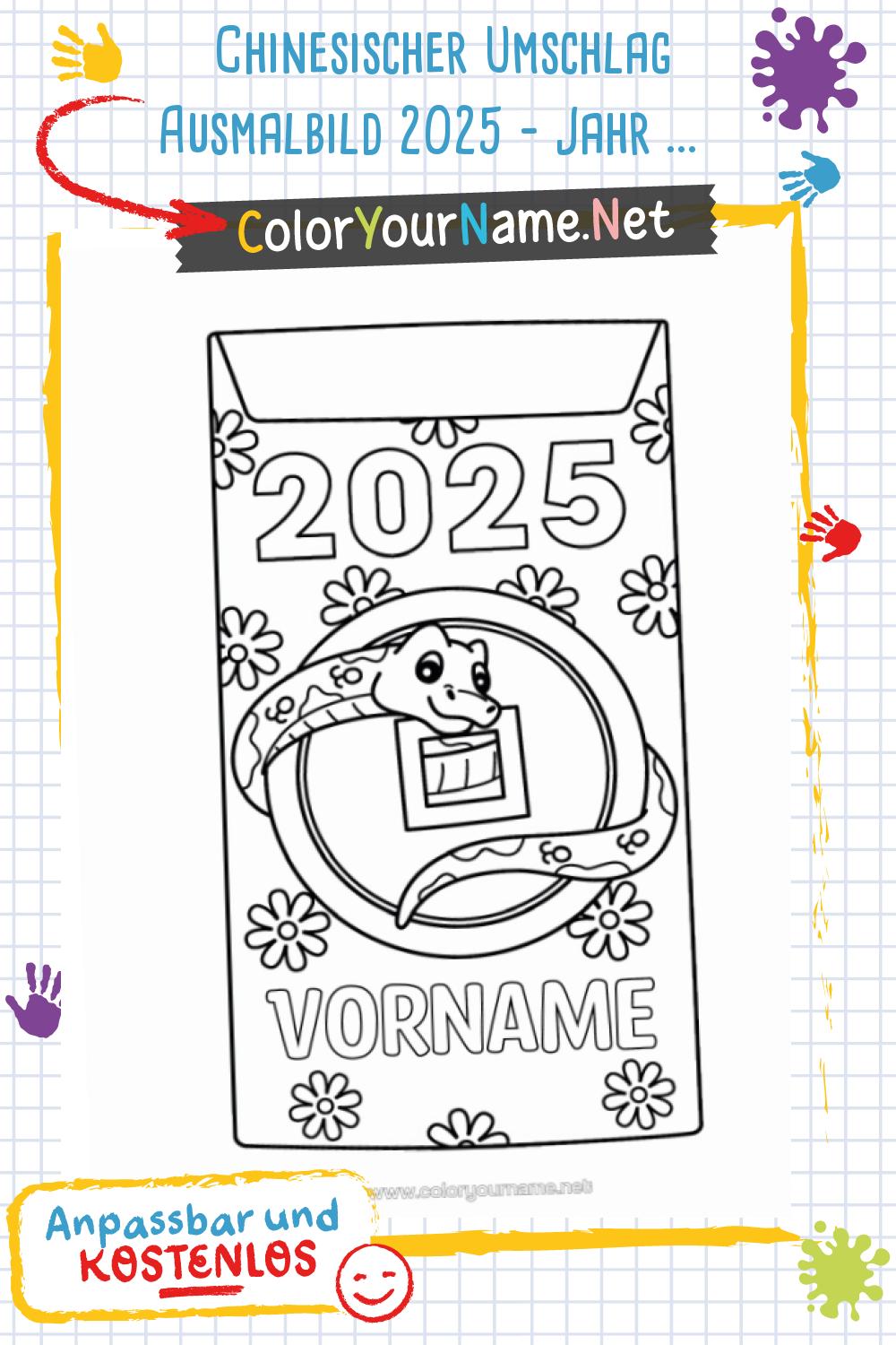 Chinesischer Umschlag Ausmalbild 2025 - Jahr der Schlange