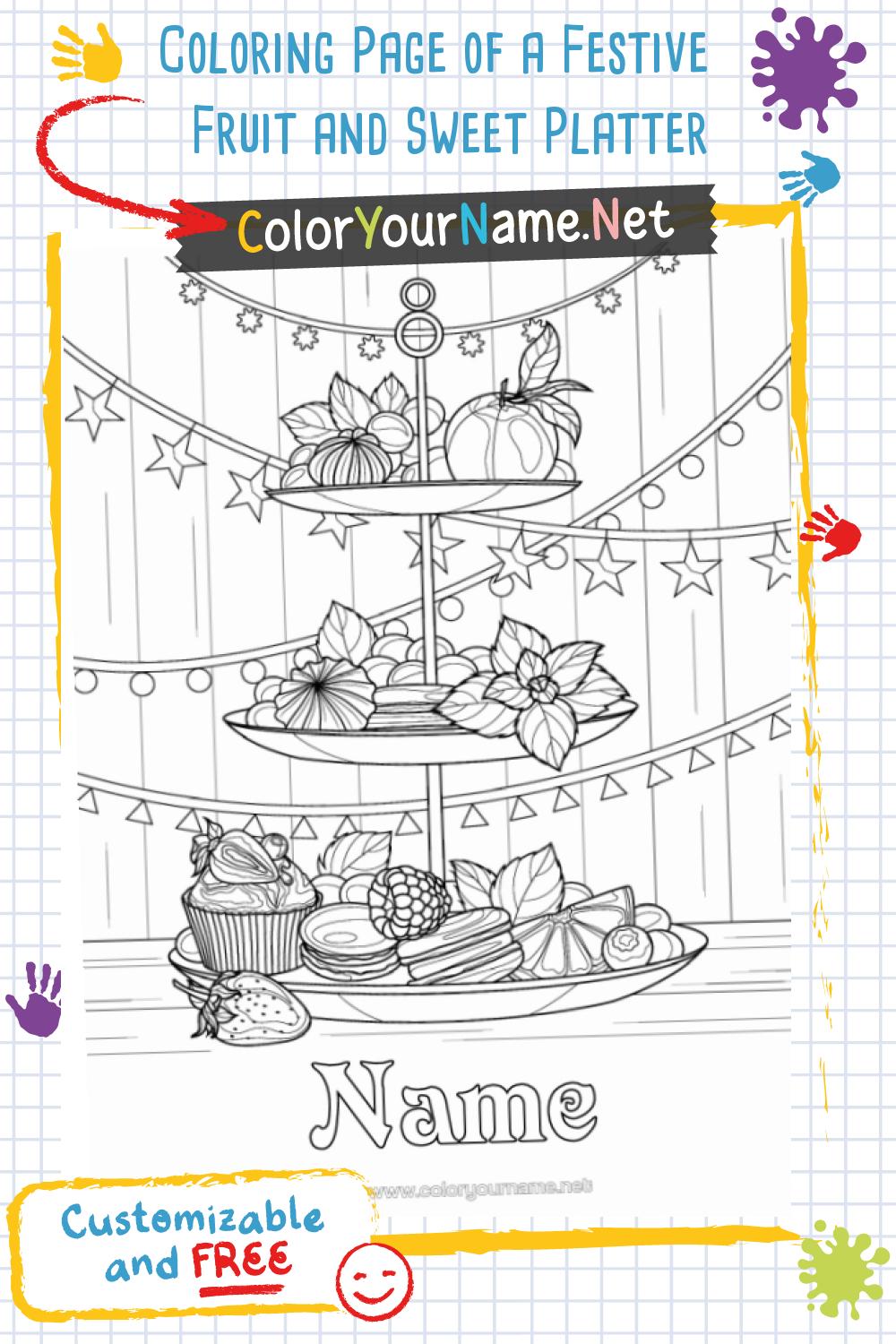 Coloring Page of a Festive Fruit and Sweet Platter