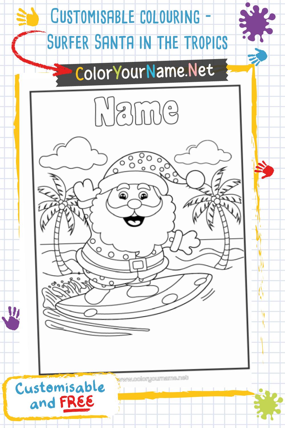 Customisable colouring – Surfer Santa in the tropics