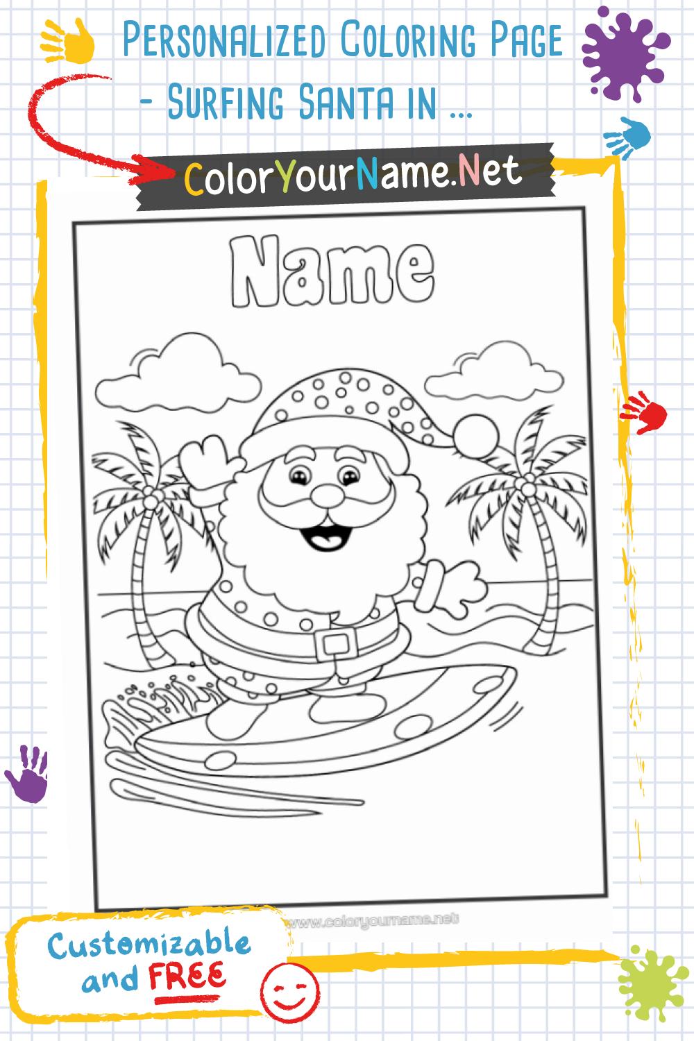 Personalized Coloring Page – Surfing Santa in the Tropics