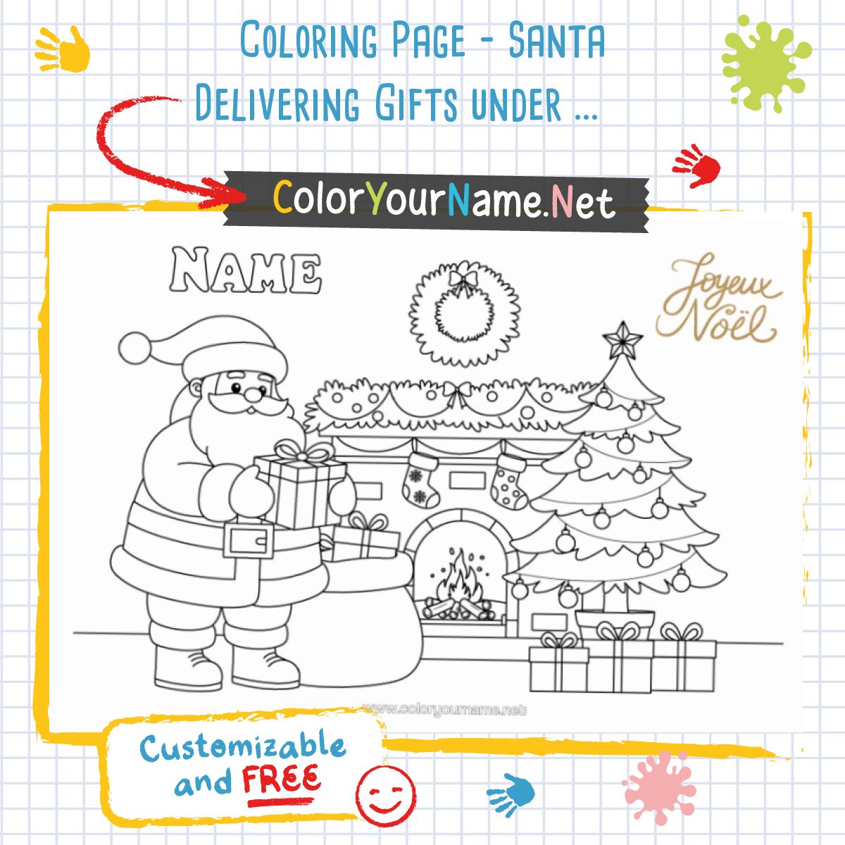 Coloring Page - Santa Delivering Gifts under the Tree