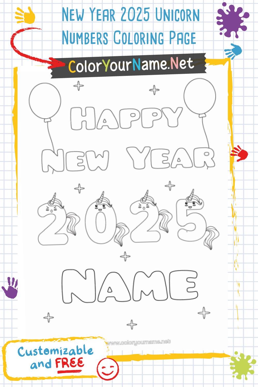 New Year 2025 Unicorn Numbers Coloring Page
