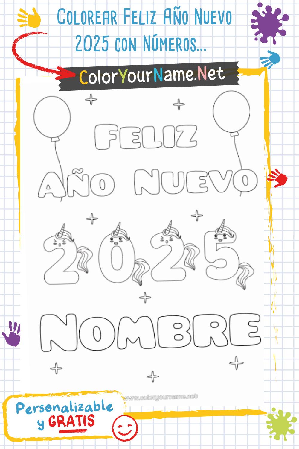 Colorear Feliz Año Nuevo 2025 con Números de Unicornio
