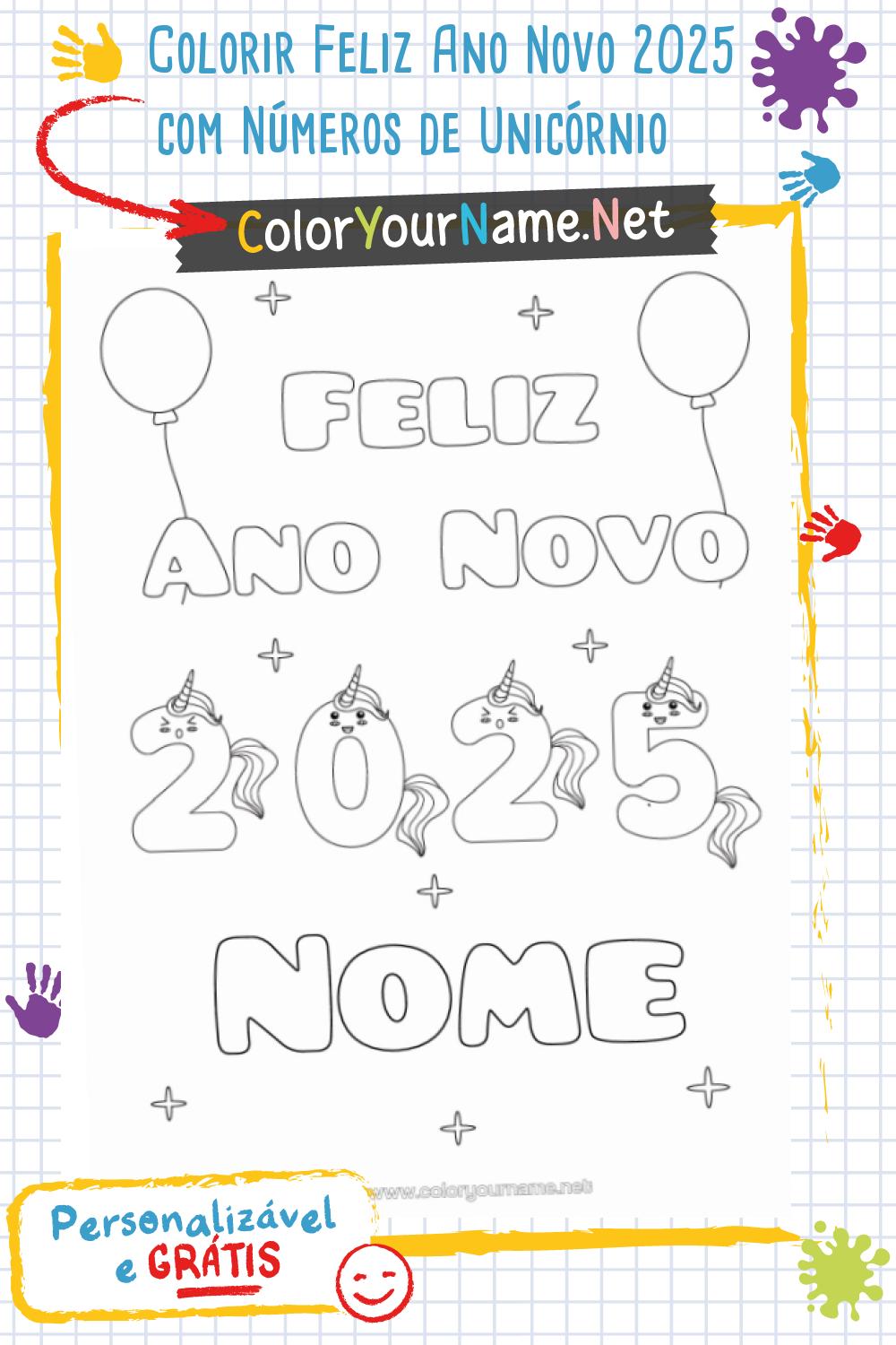 Colorir Feliz Ano Novo 2025 com Números de Unicórnio