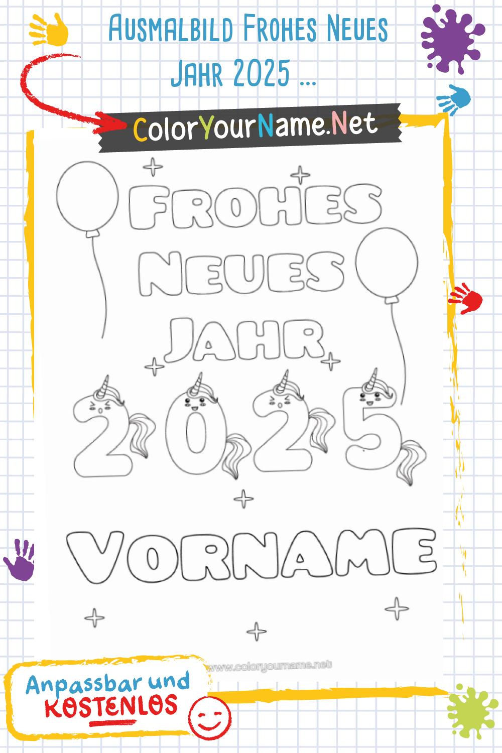 Ausmalbild Frohes Neues Jahr 2025 mit Einhorn-Zahlen