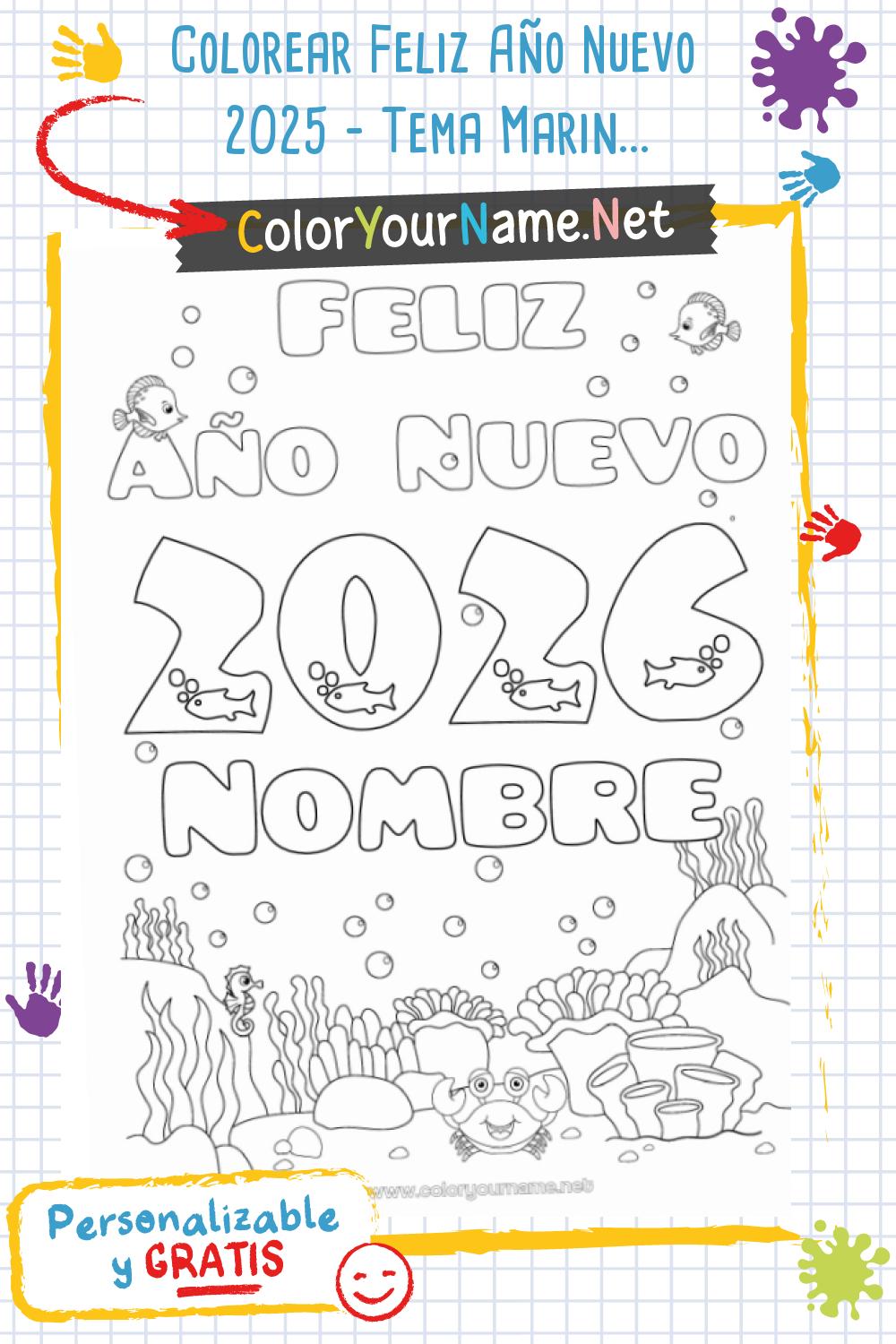 Colorear Feliz Año Nuevo 2025 - Tema Marino y Personalizable