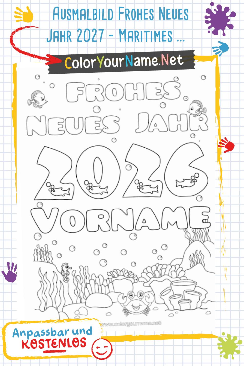 Ausmalbild Frohes Neues Jahr 2025 - Meeres-Thema und Personalisierbar