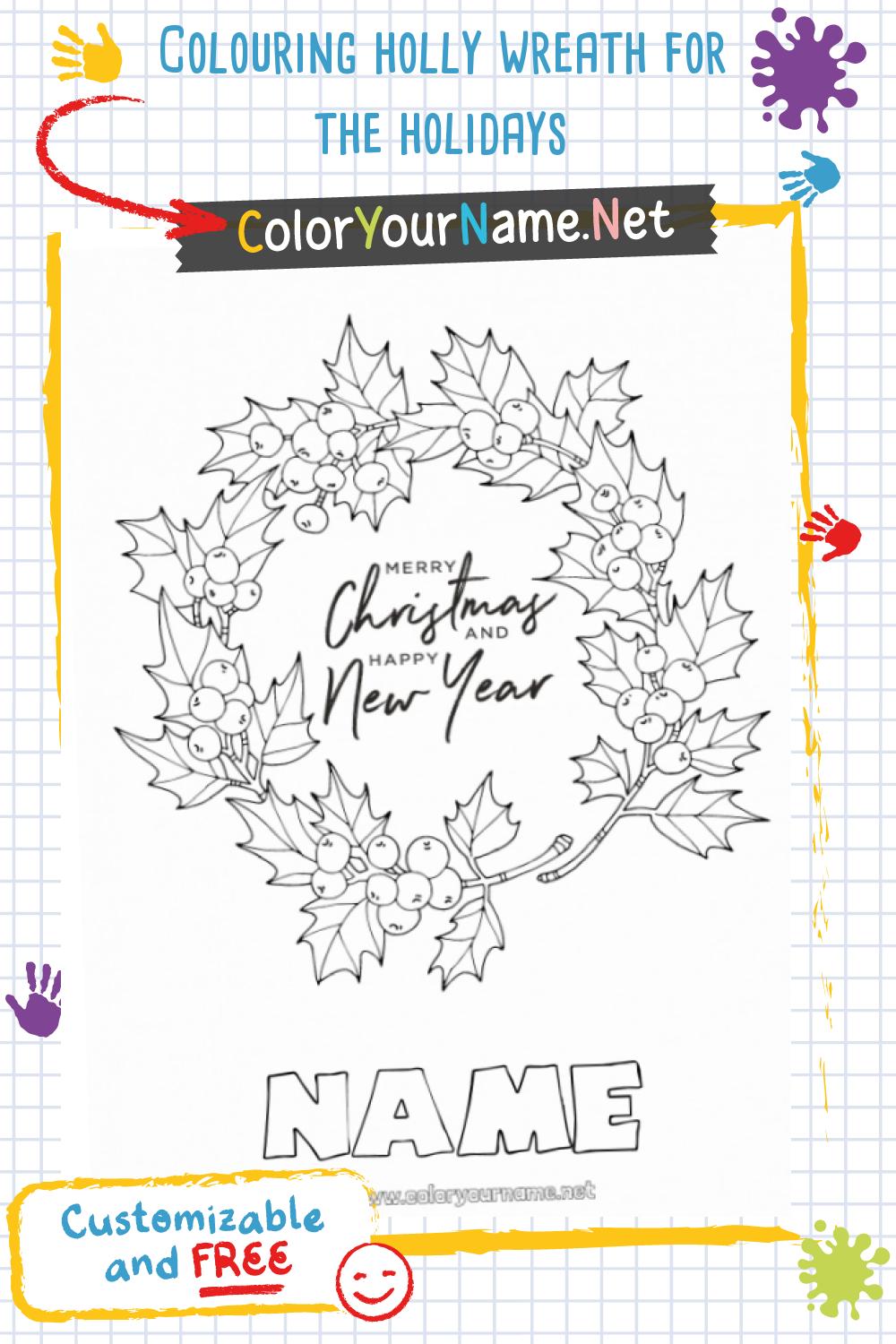 Colouring holly wreath for the holidays