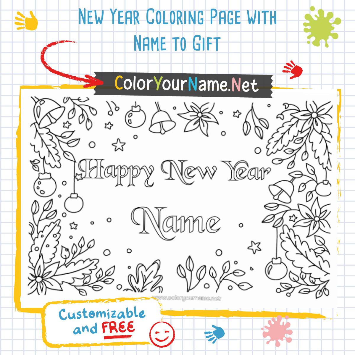 New Year Coloring Page with Name to Gift