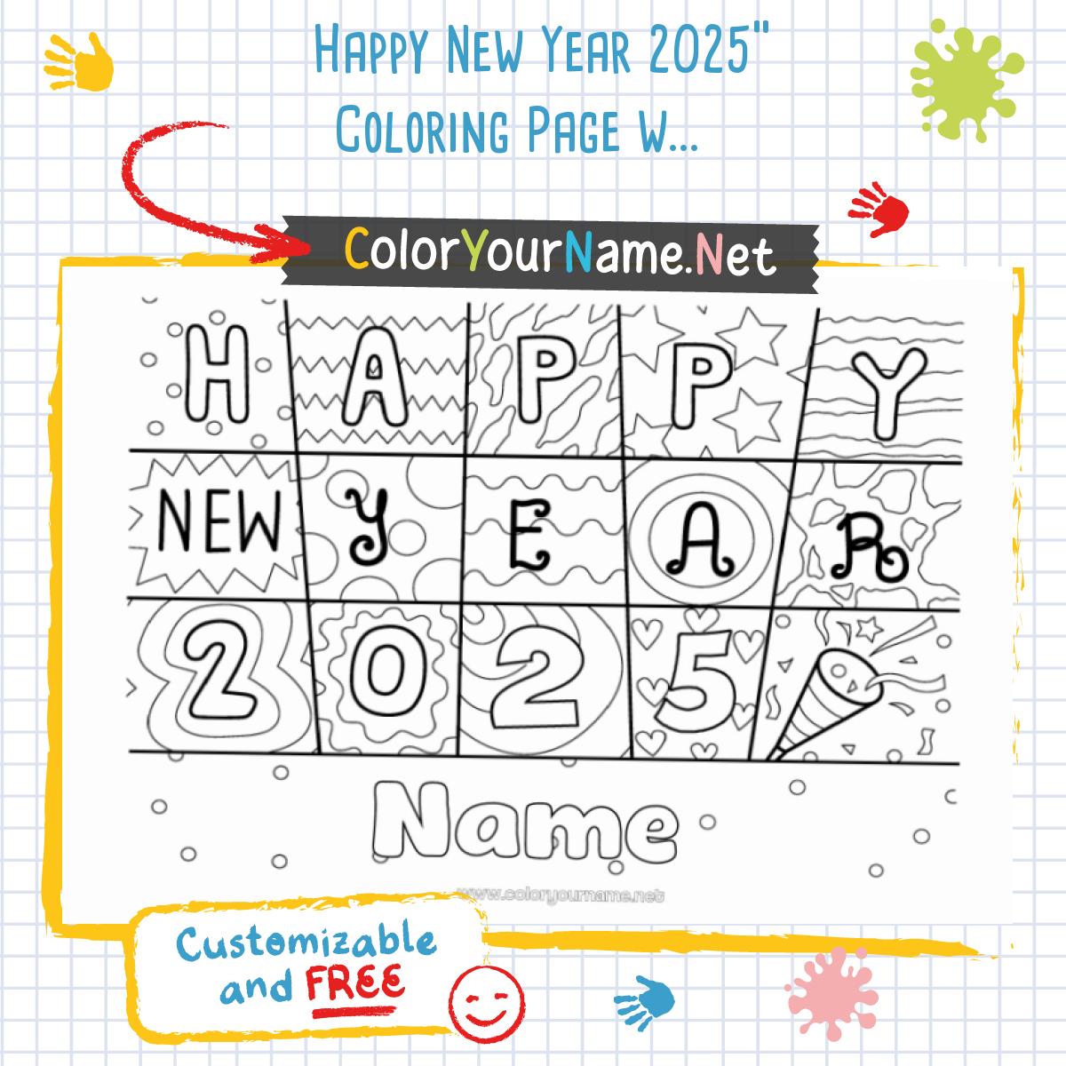 Happy New Year 2025" Coloring Page with Customizable Name