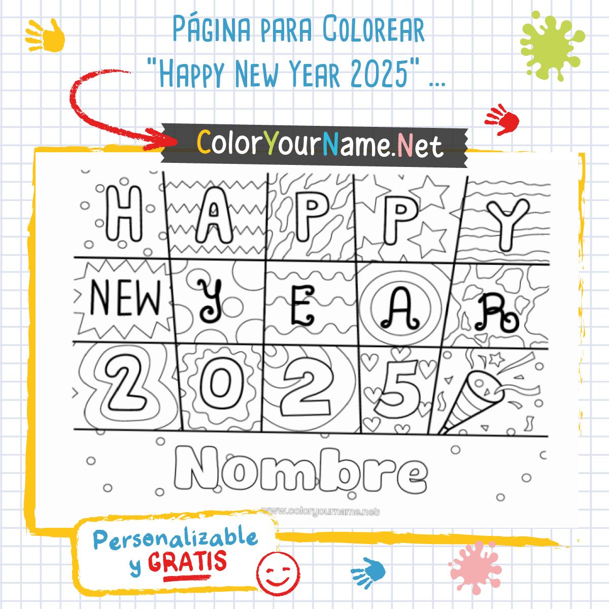 Página para Colorear "Happy New Year 2025" con Nombre Personalizable